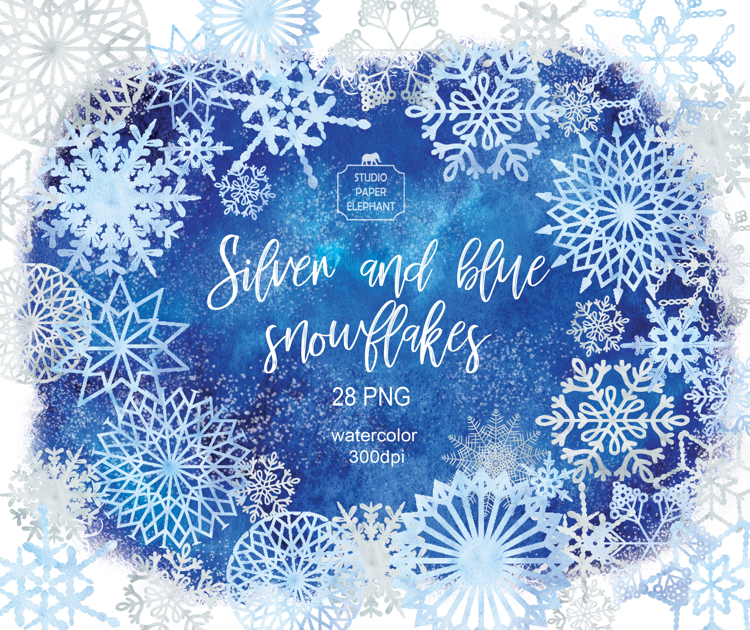 Watercolor Blue and Silver Snowflakes Snowflakes Clipart - Etsy