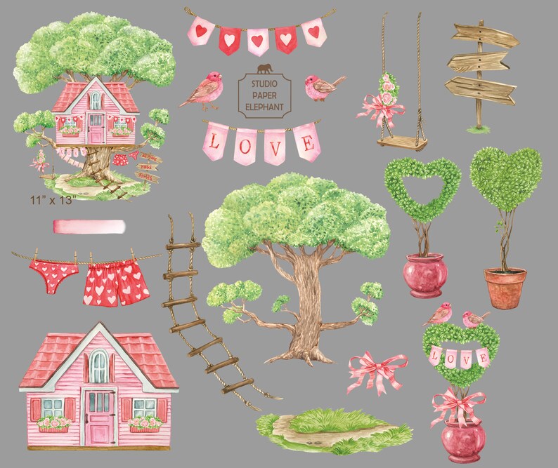 Romantic Pink Treehouse Clipart Valentines Day Clipart - Etsy