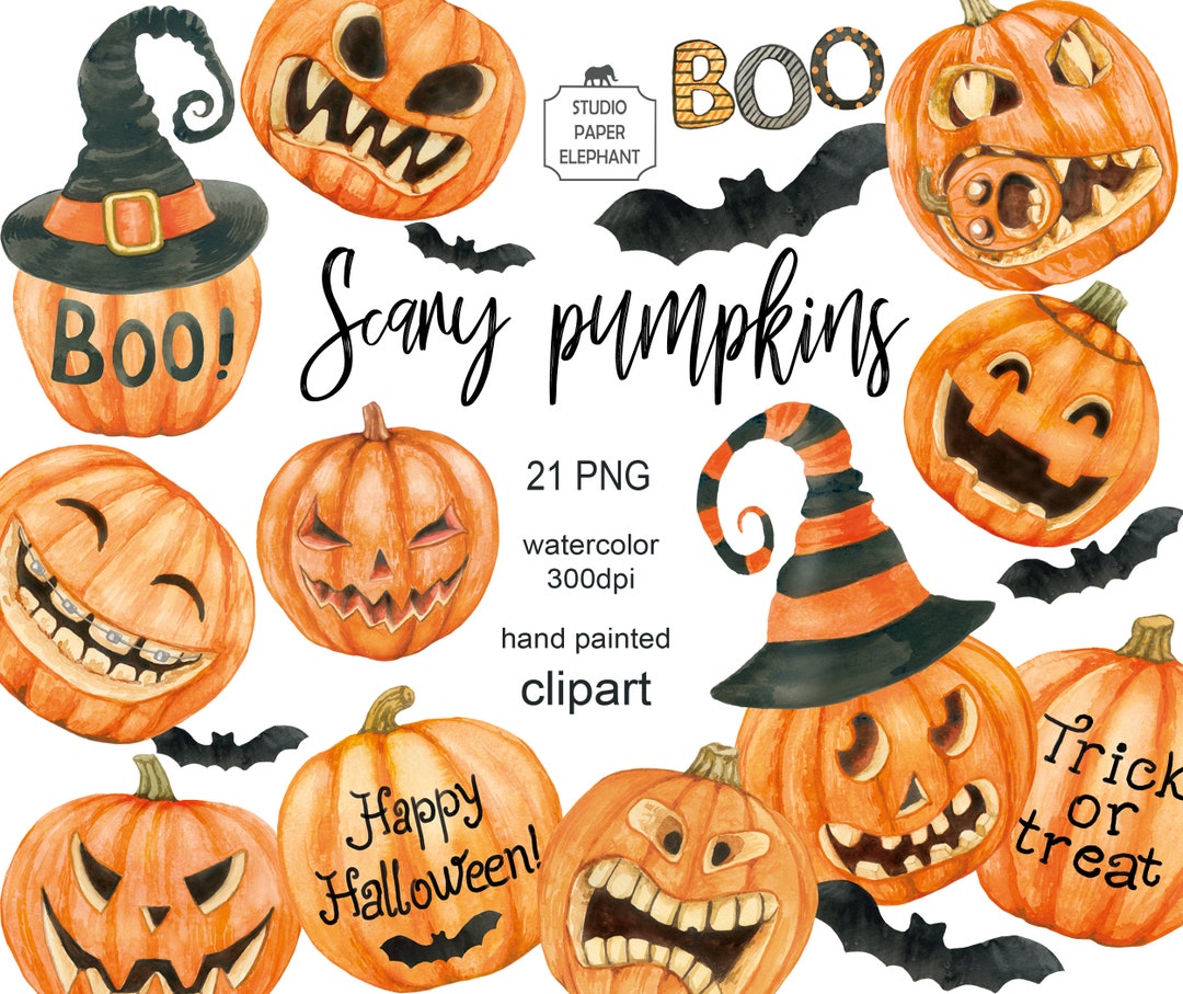 Watercolor Halloween Pumpkins Clipart, Scary Halloween Pumpkins, Funny ...
