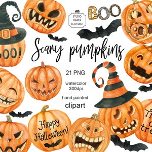 Watercolor Halloween Pumpkins Clipart, Scary Halloween Pumpkins, Funny ...