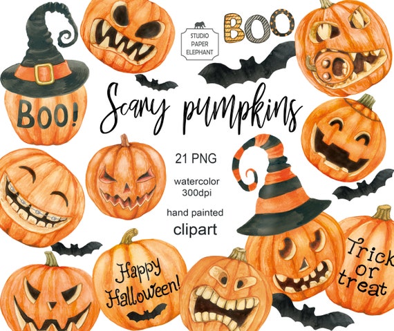 Watercolor Halloween Pumpkins Clipart Scary Halloween - Etsy