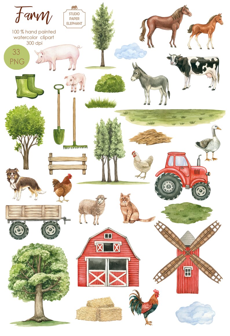Watercolor Farm Clipart: Animals, Barn, Tractor (PNG Digital Download ...