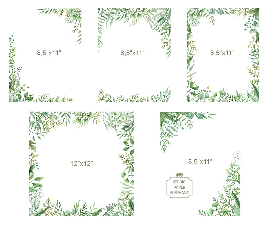 Watercolor Greenery Frames Borders Green Leaves Branches | Etsy