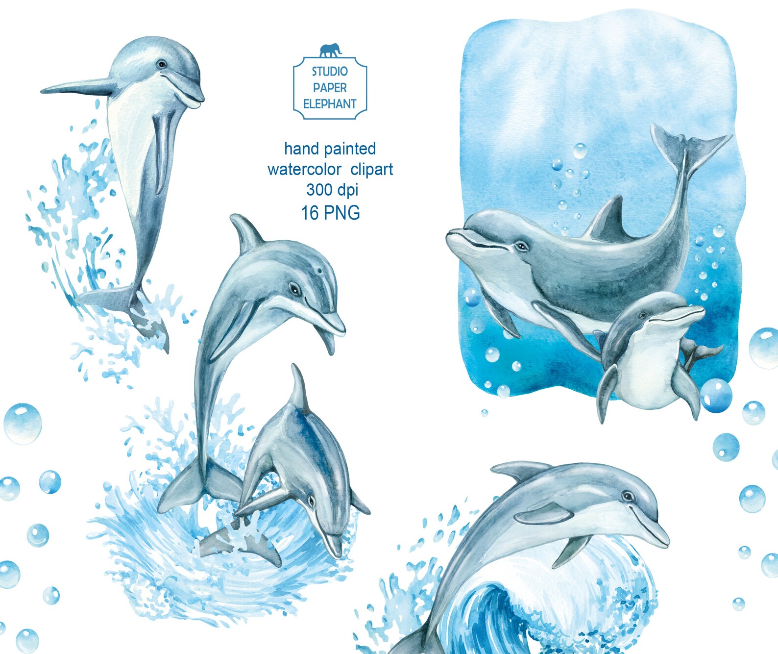 Watercolor Dolphins Clipart Sea Waves Clipart Sea Splashes - Etsy