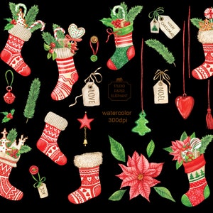 Watercolor Christmas Socks Clipart: Santa, Gifts, Cookies (PNG Digital ...