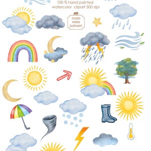 Watercolor Weather Clipart Atmospheric Phenomena for Children Clouds ...