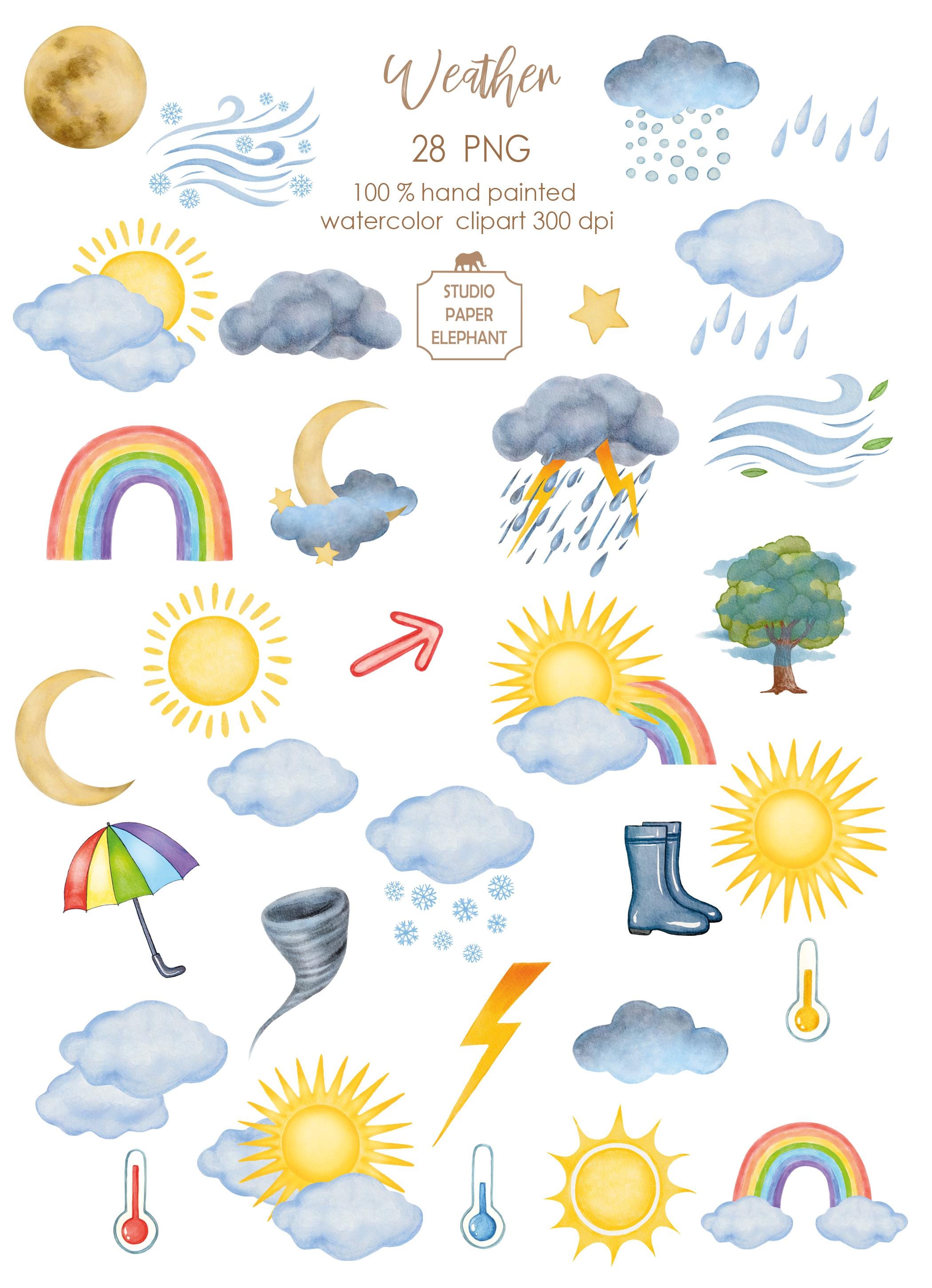 Watercolor Weather Clipart Atmospheric Phenomena for Children Clouds ...