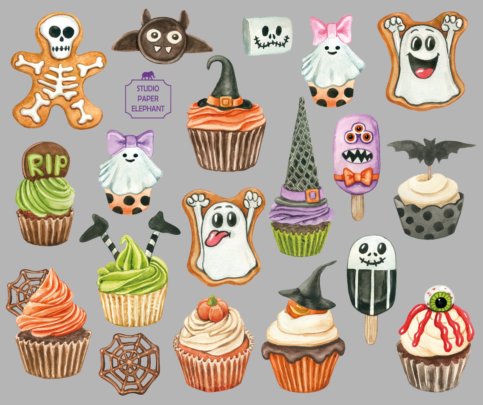 Watercolor Halloween Cupcakes and Cookies Halloween Clipart - Etsy