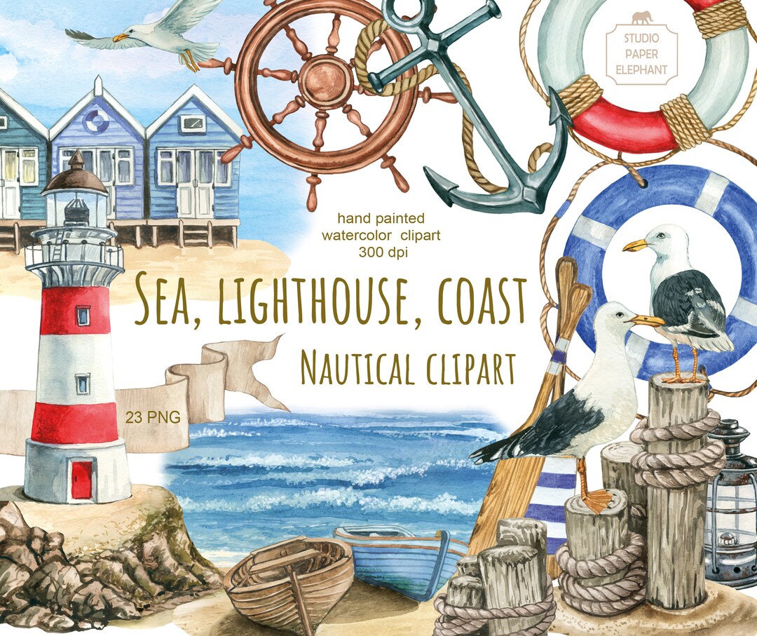 Watercolor Nautical Clipart: Beach, Lighthouse, Sea (PNG, Instant ...