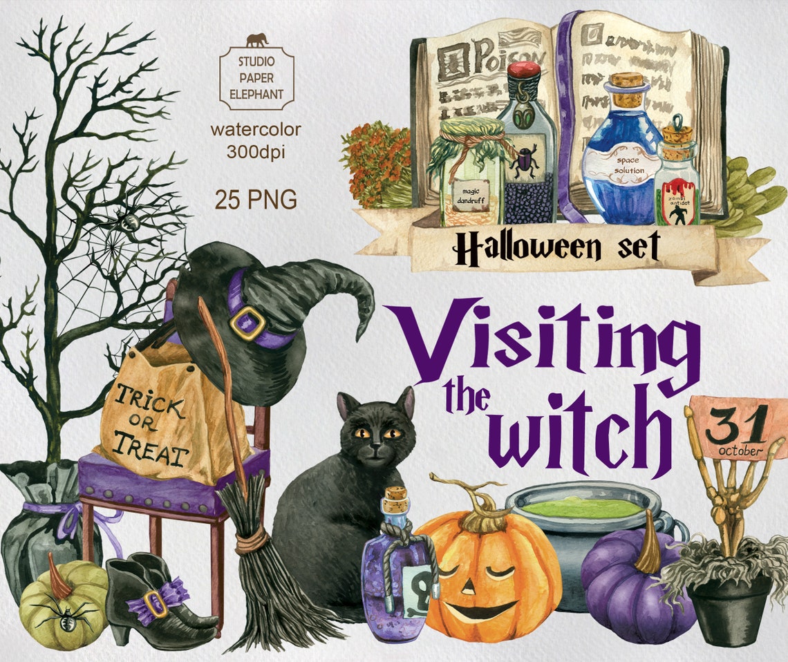 Watercolor Halloween Clipart: Witch, Cat, Pumpkins (PNG, Instant ...