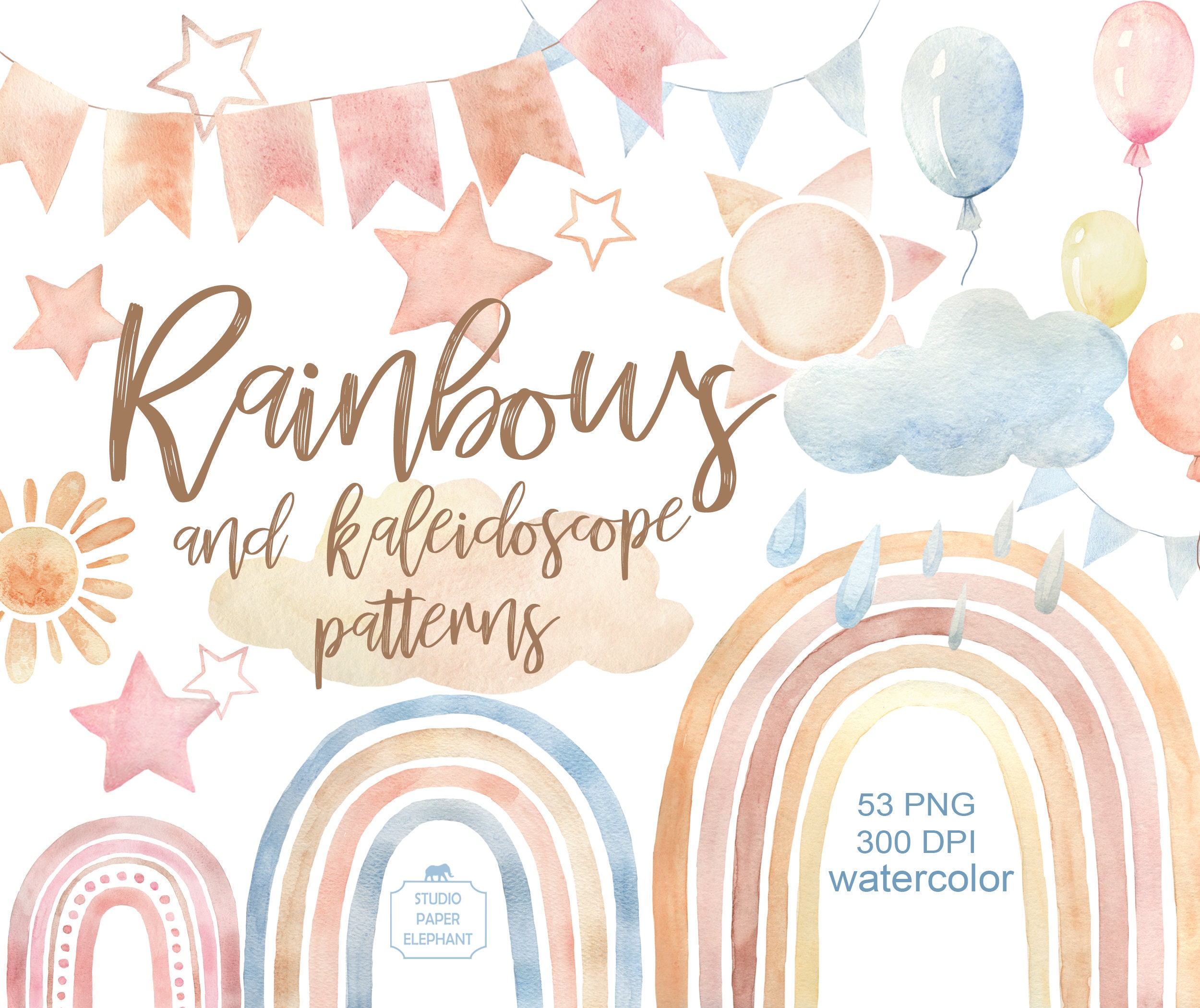 Watercolor Rainbow Clipart: Boho Pastel Patterns (PNG, Instant Download ...