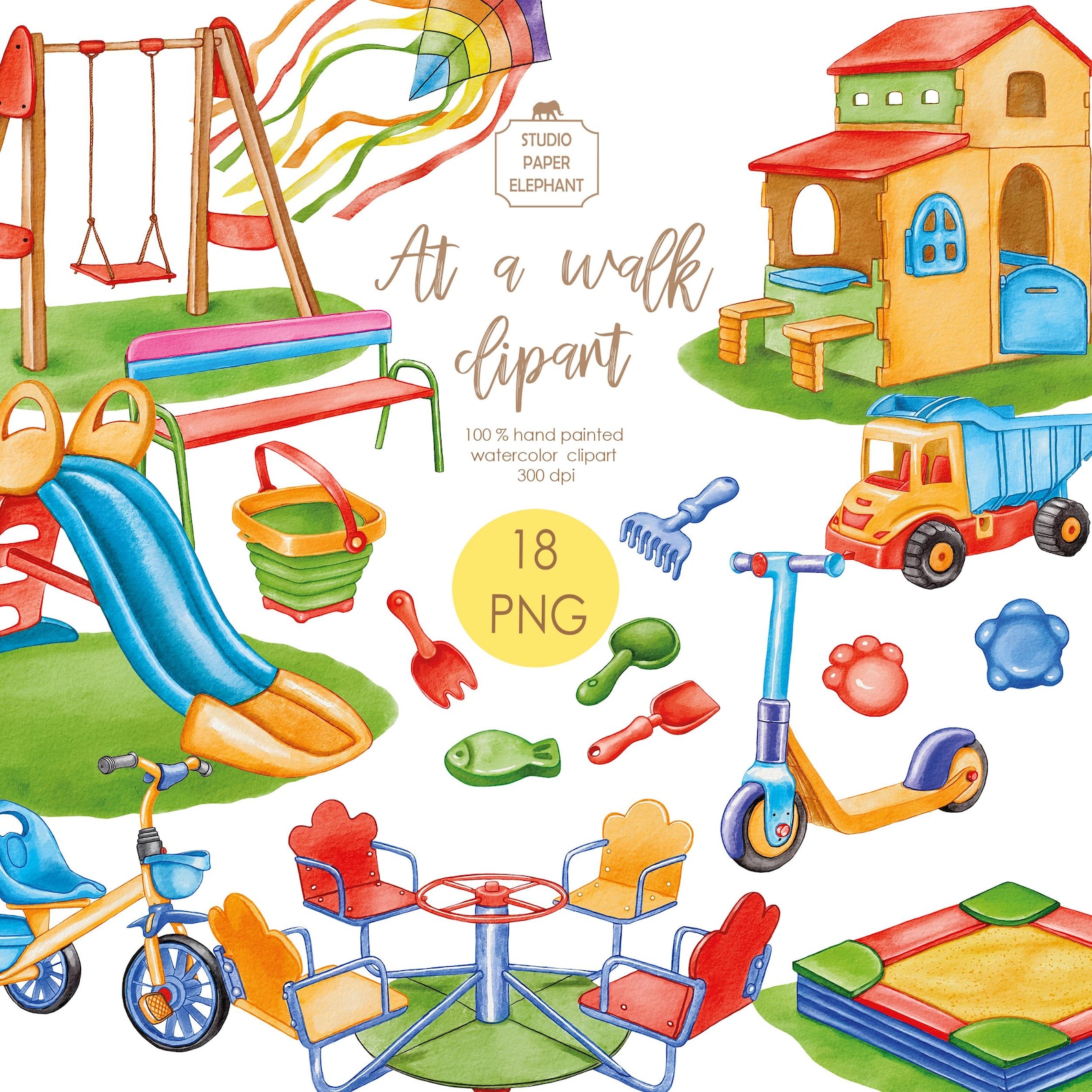 Watercolor Playground Clip Art, Swing, Sandbox, Carousel, Playhouse ...
