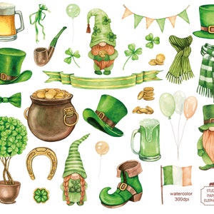 Watercolor St. Patrick's Day Decor, Gnomes, Shamrock, Pot of Coins ...