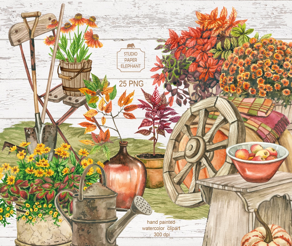 Watercolor Autumn Garden Clipart Farmhouse Garden Clipart - Etsy
