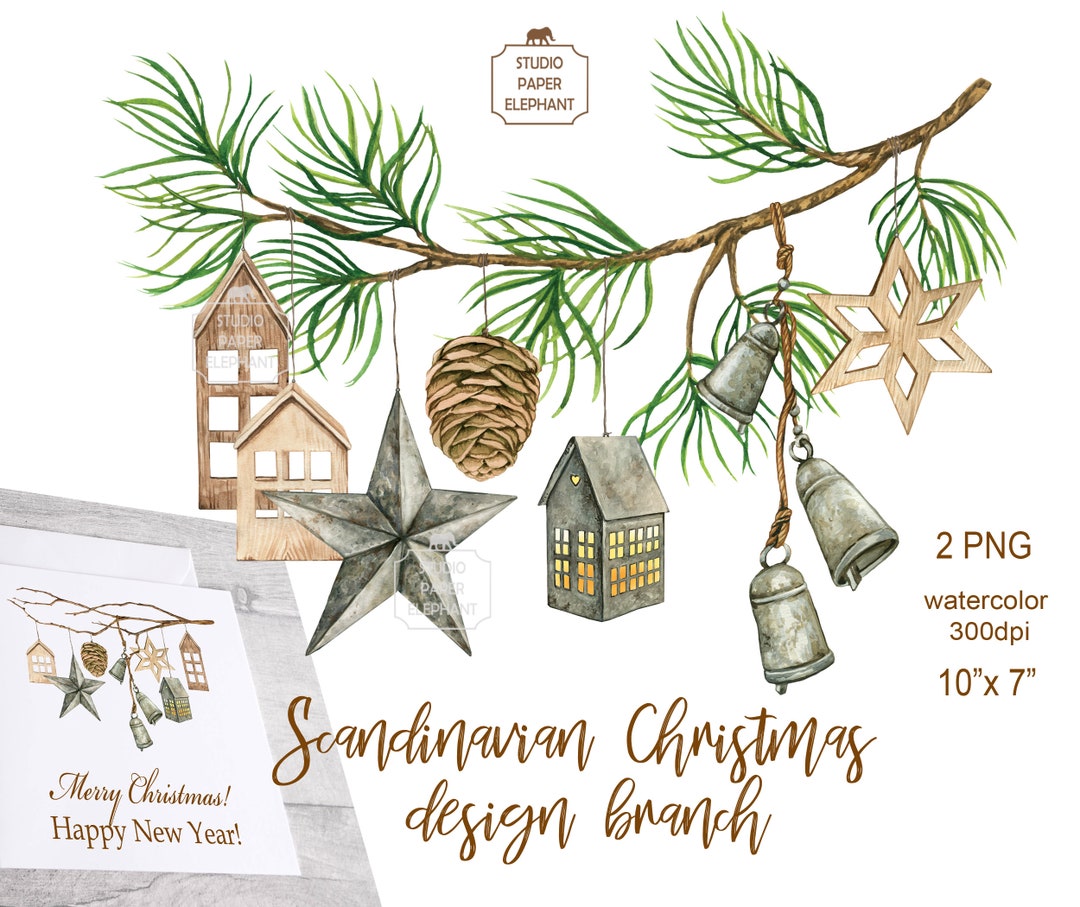 Watercolor Scandinavian Christmas Branch, Christmas Wreath, Christmas ...