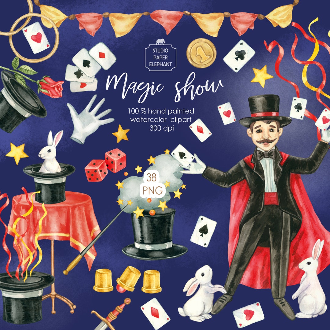 Watercolor Magic Show Clipart: Card Tricks, Illusions (PNG, Instant ...