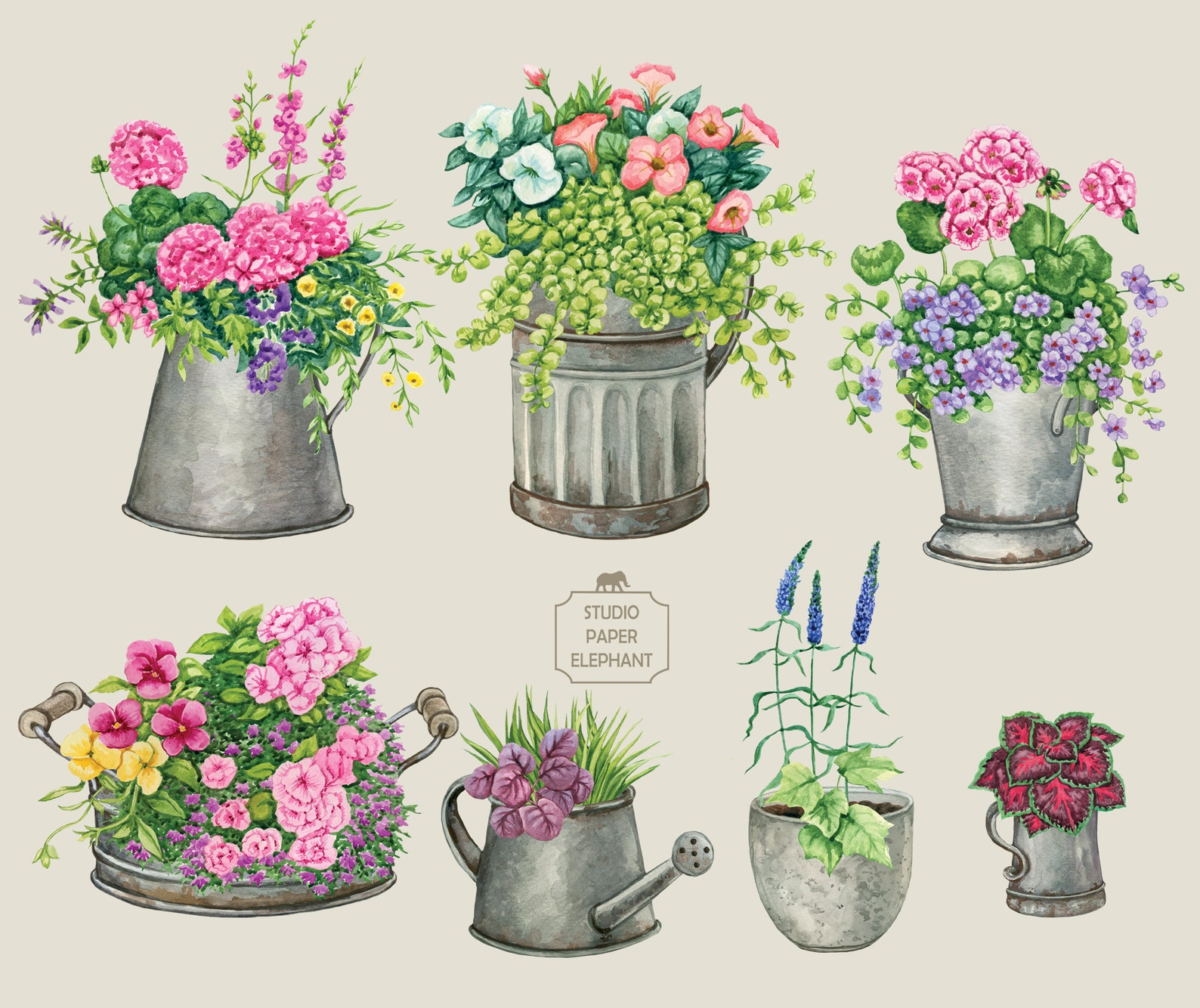 Watercolor Garden Clipart Garden Flowers in Containers Rusty - Etsy