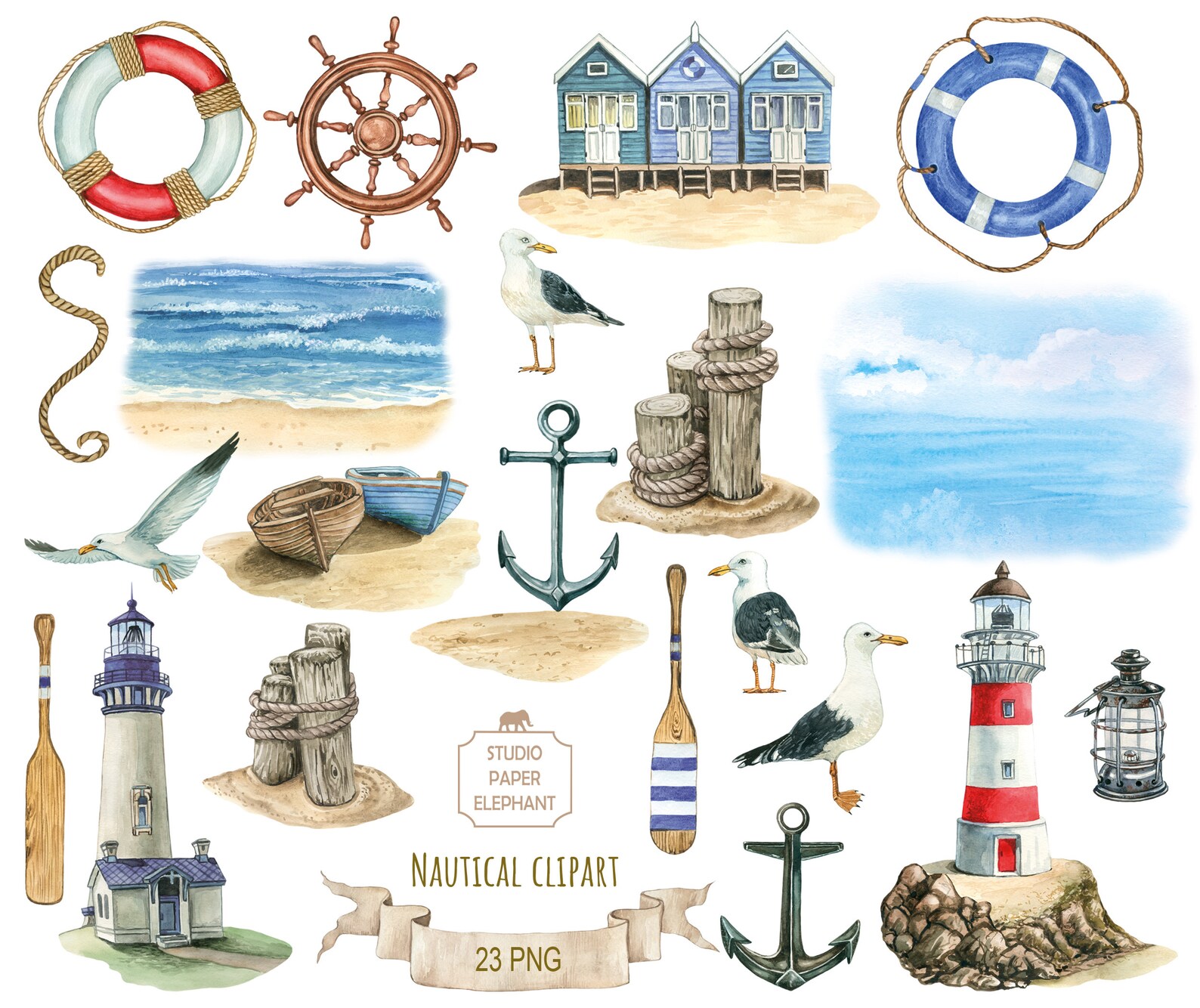 Watercolor Nautical Clipart, Beach Clipart, Marine Clipart, Sea ...