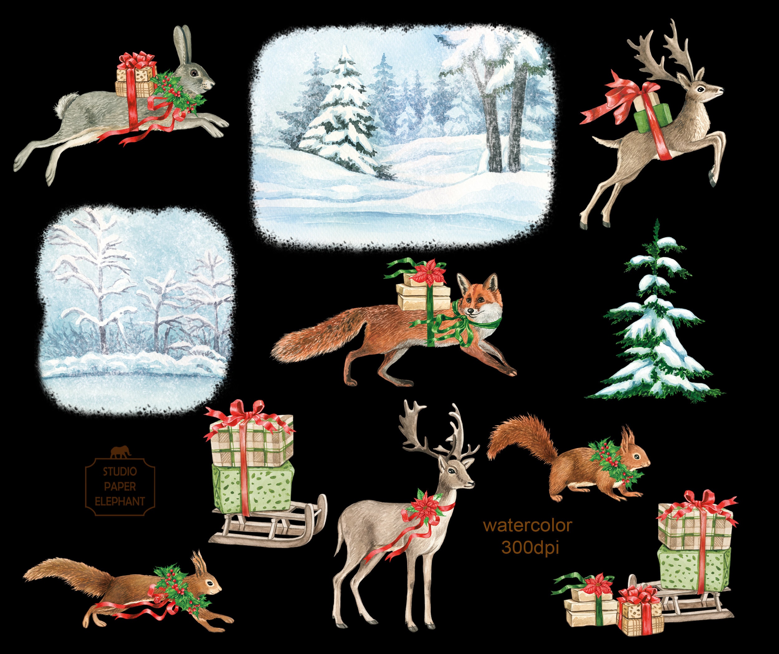 Forest Animals Christmas Clipart Fox Hare Deer Squirrel - Etsy