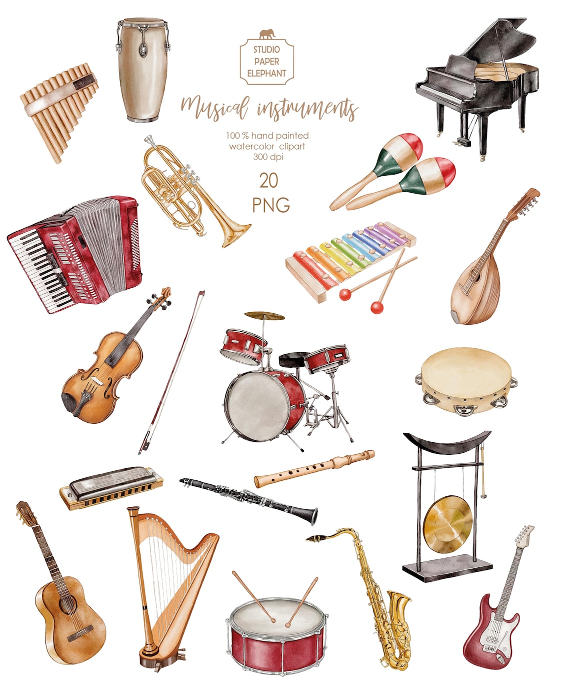 Watercolor Musical Instruments Clipart: PNG Set for Music Decor ...