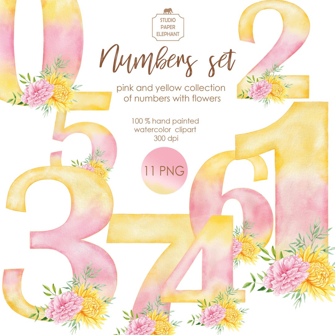 Watercolor Floral Numbers Clipart: Pink & Yellow (PNG) - Etsy