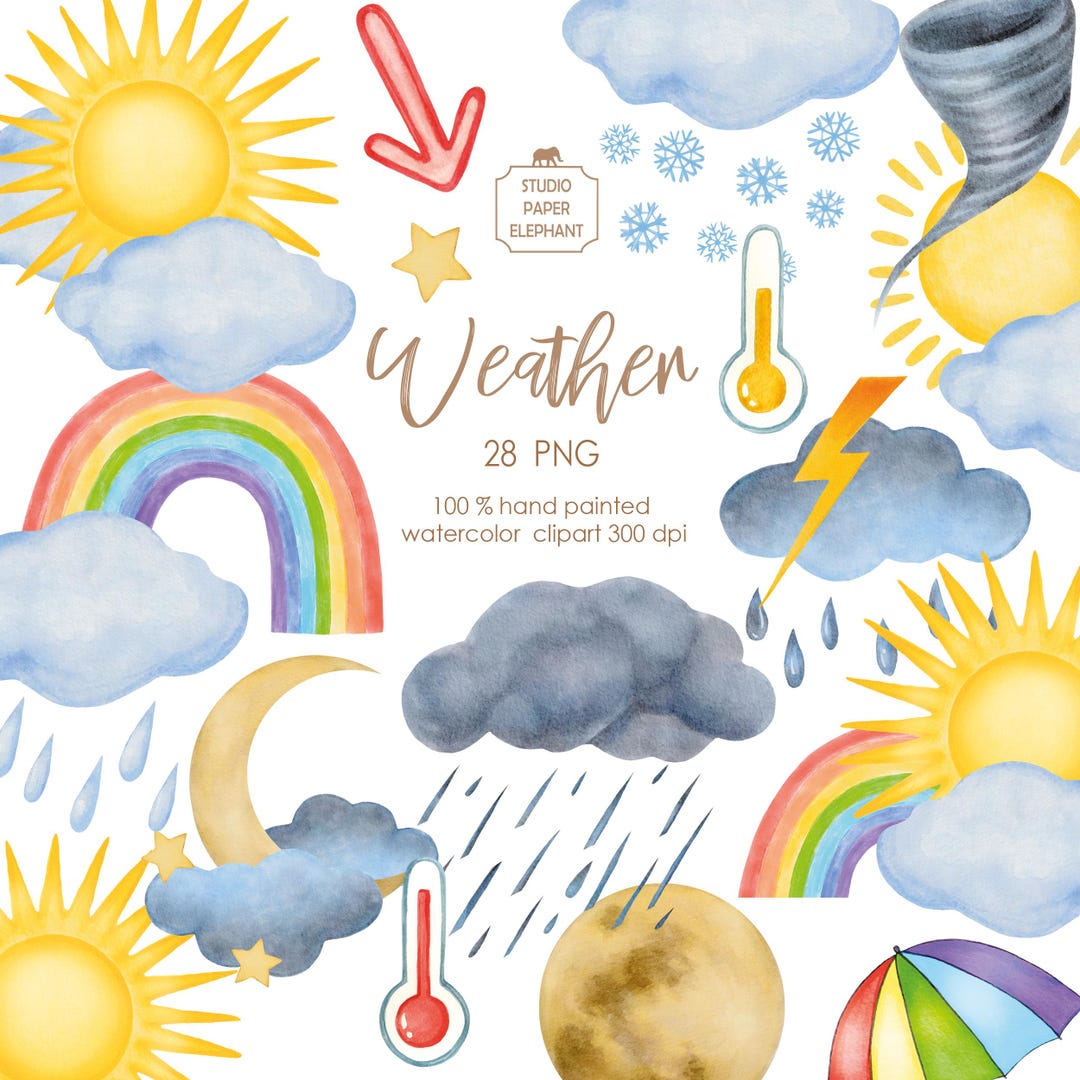 Watercolor Weather Clipart Atmospheric Phenomena for Children Clouds ...
