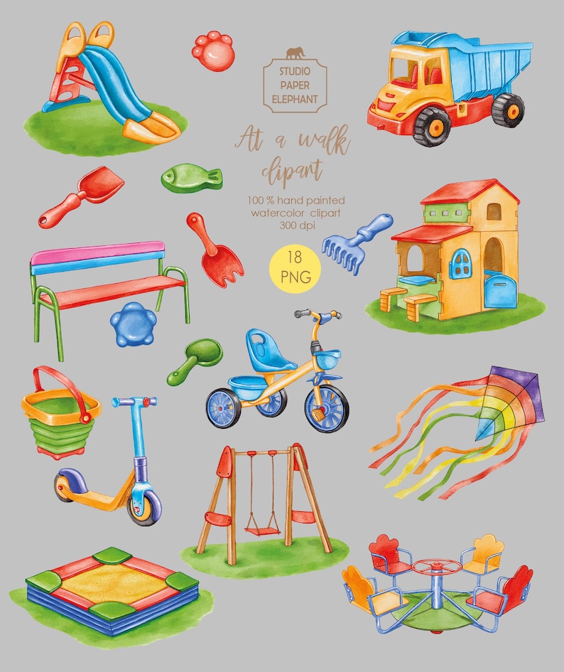 Watercolor Playground Clip Art, Swing, Sandbox, Carousel, Playhouse ...