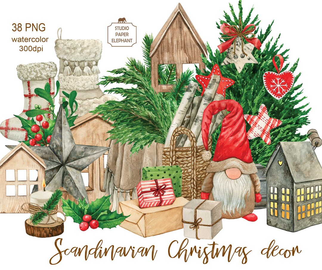 Watercolor Scandinavian Christmas Decor, Christmas Clipart, Farmhouse ...