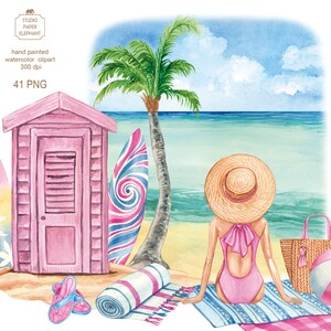 Watercolor Beach Clipart, Fashion Girl on the Beach, Pink and Blue ...