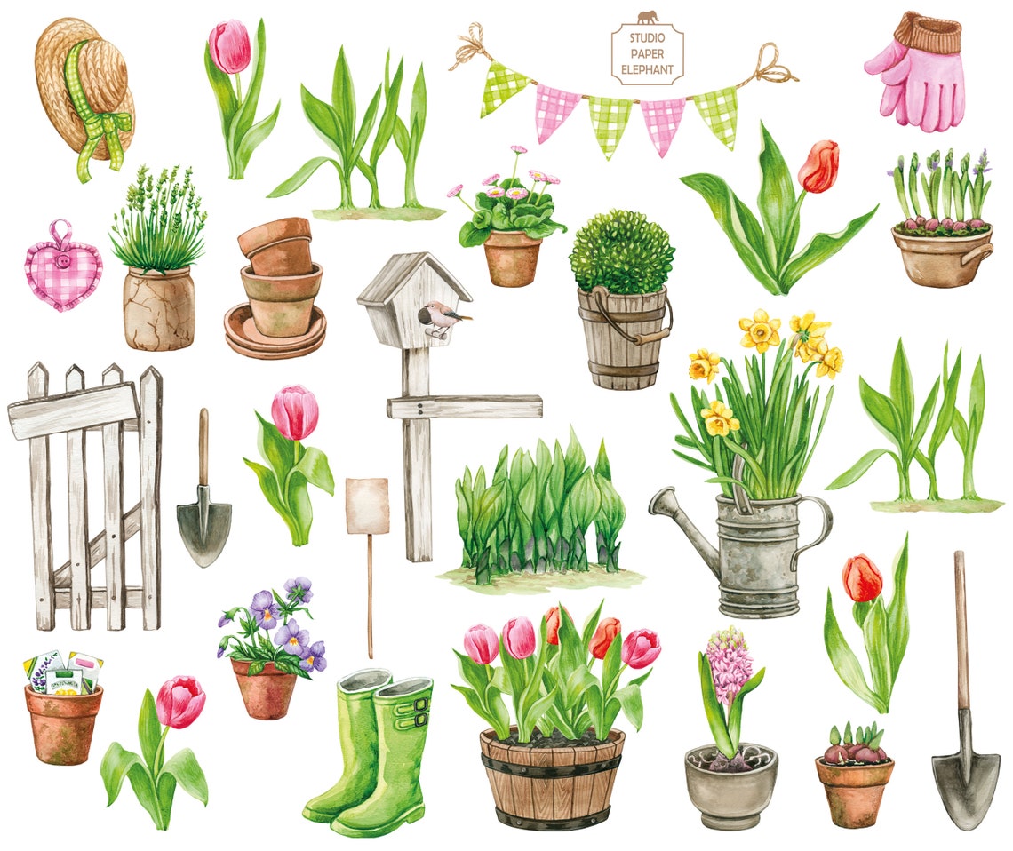 Watercolor Spring Garden Clipart Spring Flowers in Pots | Etsy UK