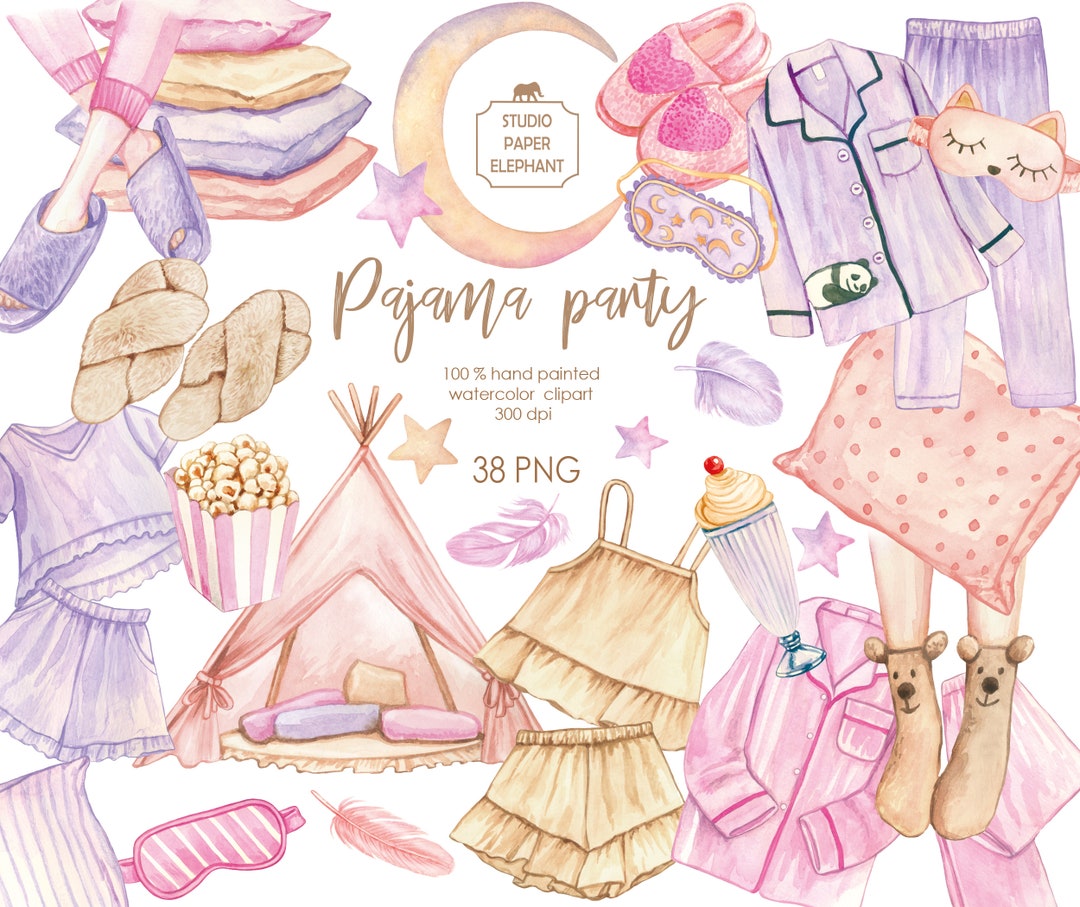 Watercolor Pajama Party Clipart: Girls, Slippers, Moon, Stars (PNG) - Etsy