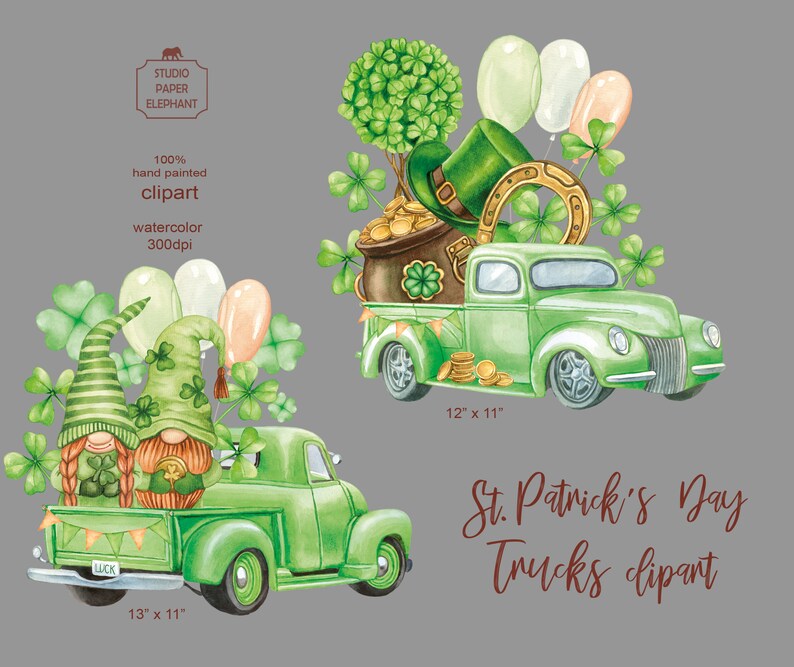 St. Patrick's Day Truck Clipart: Gnomes, Shamrock, Watercolor (PNG ...
