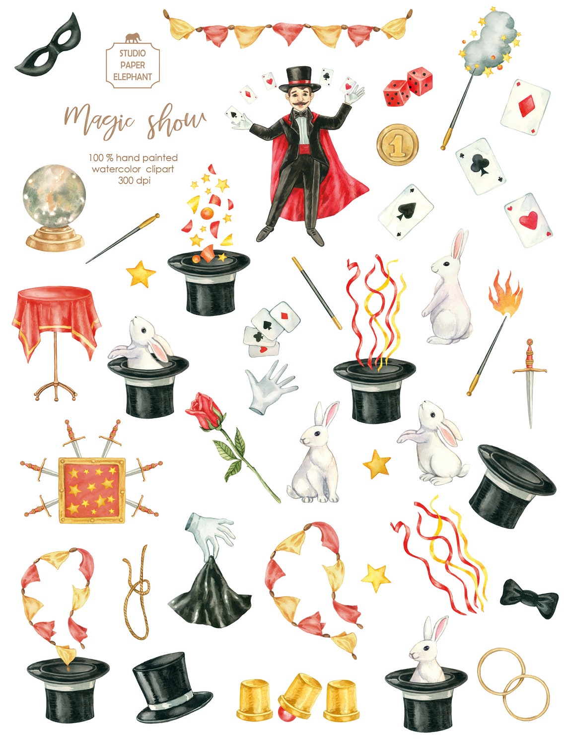 Watercolor Magic Show Clipart: Card Tricks, Illusions (PNG, Instant ...
