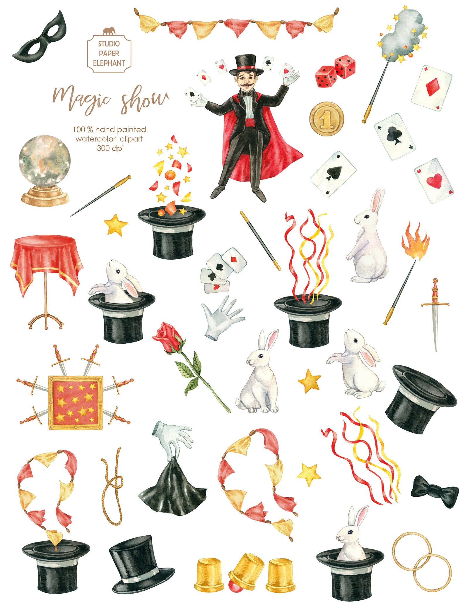 Watercolor Magic Show Clipart: Card Tricks, Illusions (PNG, Instant ...