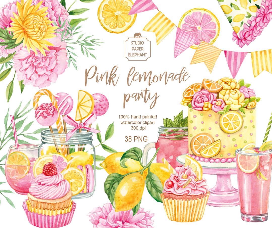 Watercolor Pink Lemonade Party Clipart: Summer Birthday (PNG, Instant ...
