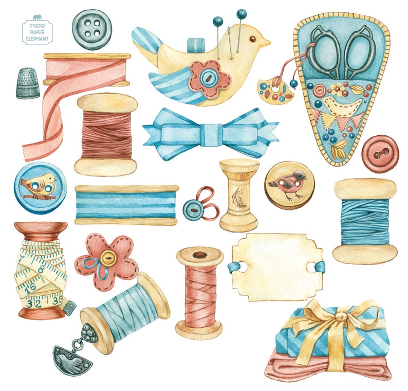 Watercolor Sewing Kit Clipart: Needlework, Bobbin, Scissors (PNG ...