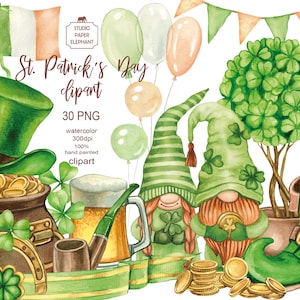 Watercolor St. Patrick's Day Decor, Gnomes, Shamrock, Pot of Coins ...