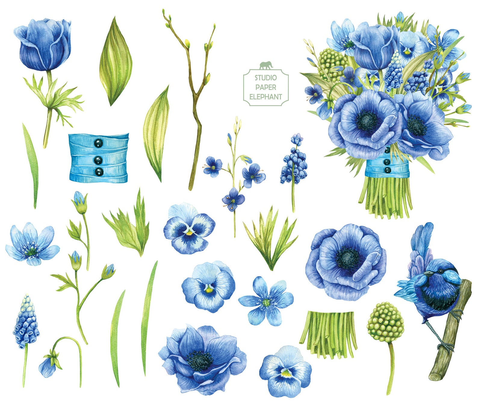 Watercolor Clipart Blue Flowers Floral Spring Clipart | Etsy