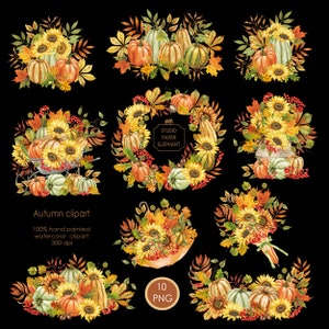 Watercolor Compositions With Pumpkins, Sunflowers and Autumn Leaves ...