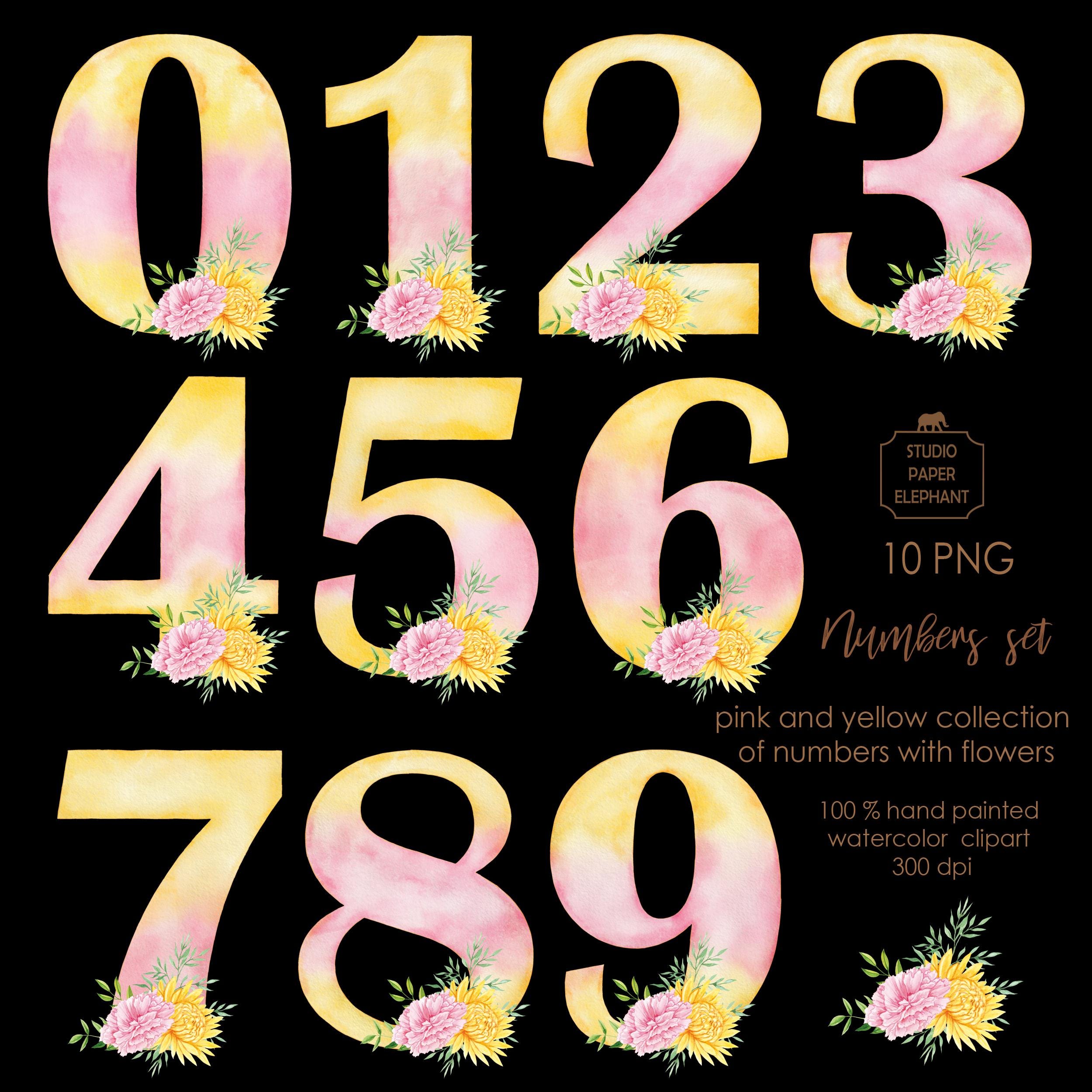 Watercolor Floral Numbers Clipart: Pink & Yellow (PNG) - Etsy