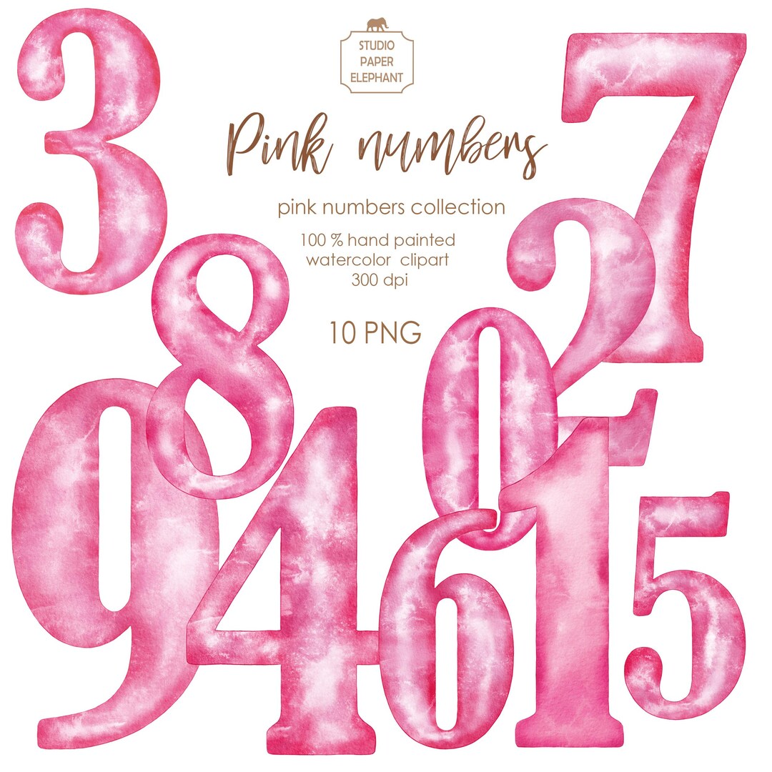 Watercolor Pink Numbers Clipart: Birthday & Wedding DIY (PNG Digital ...