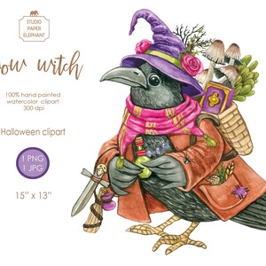 Watercolor Crow Witch Halloween Clipart PNG Instant Download - Etsy