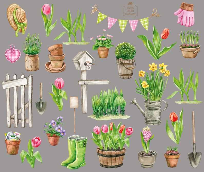 Watercolor Spring Garden Clipart Spring Flowers in Pots - Etsy