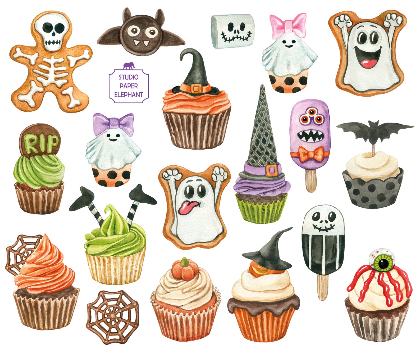 Watercolor Halloween Cupcakes and Cookies Halloween Clipart - Etsy