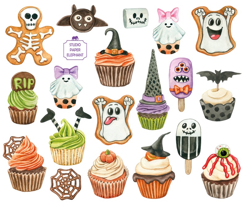 Watercolor Halloween Cupcakes and Cookies Halloween Clipart - Etsy