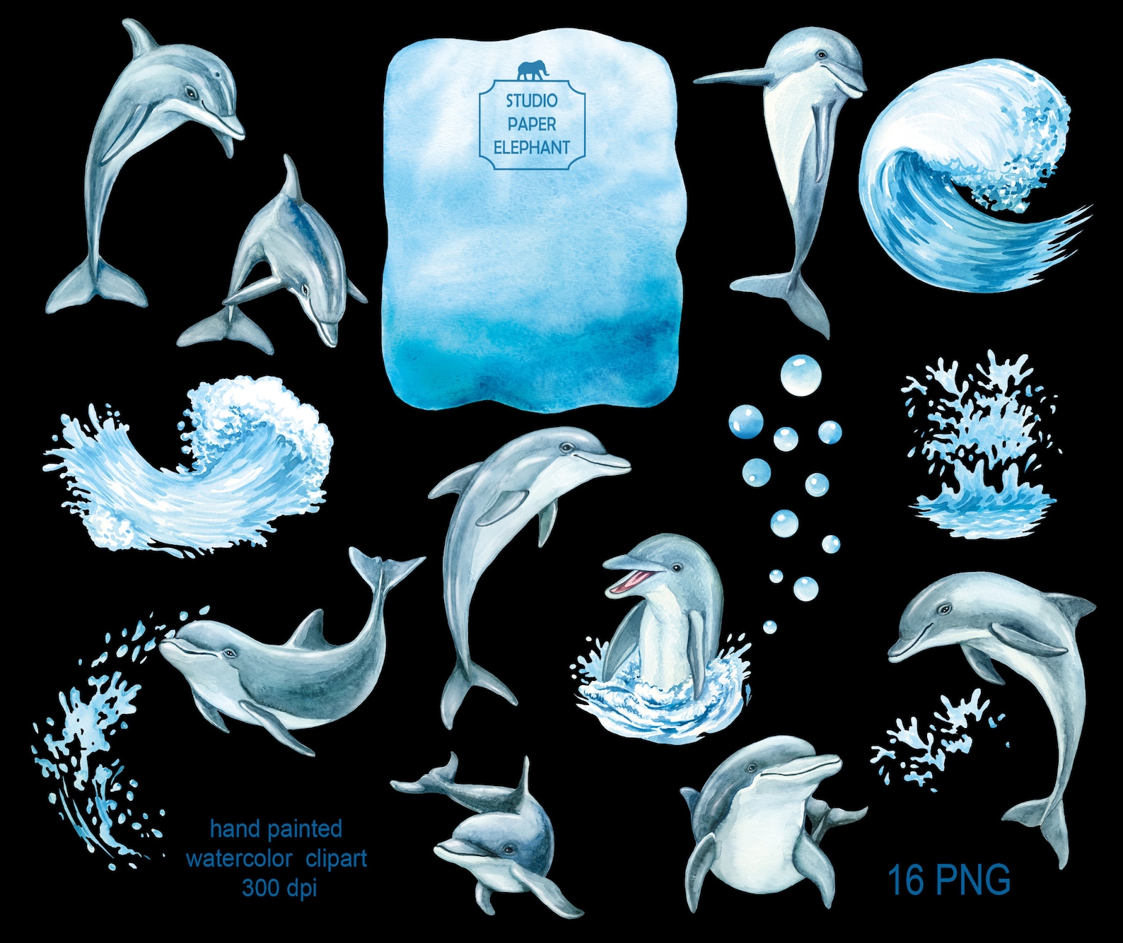 Watercolor Dolphins Clipart Sea Waves Clipart Sea Splashes - Etsy