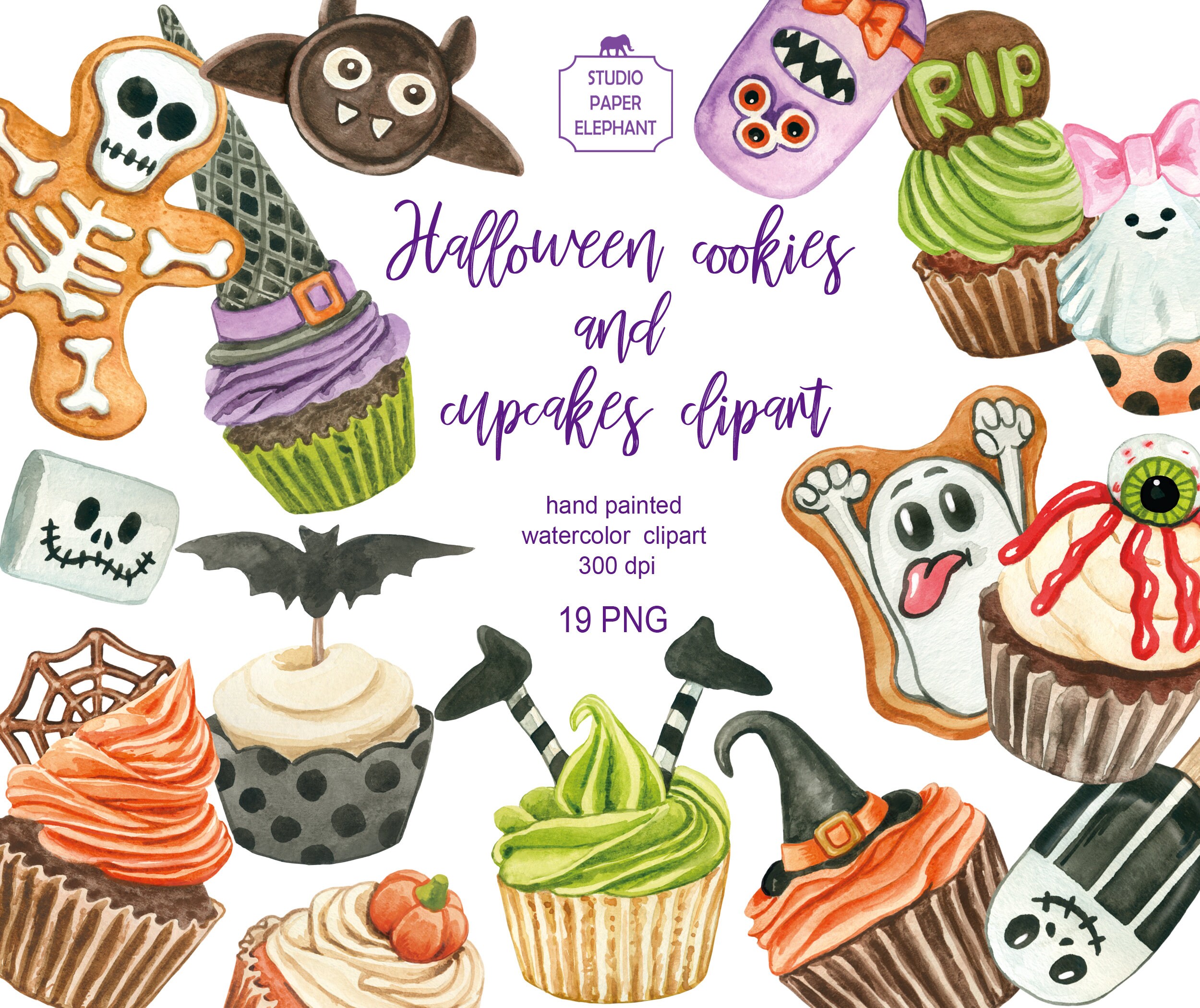 Watercolor Halloween Cupcakes and Cookies Halloween Clipart - Etsy