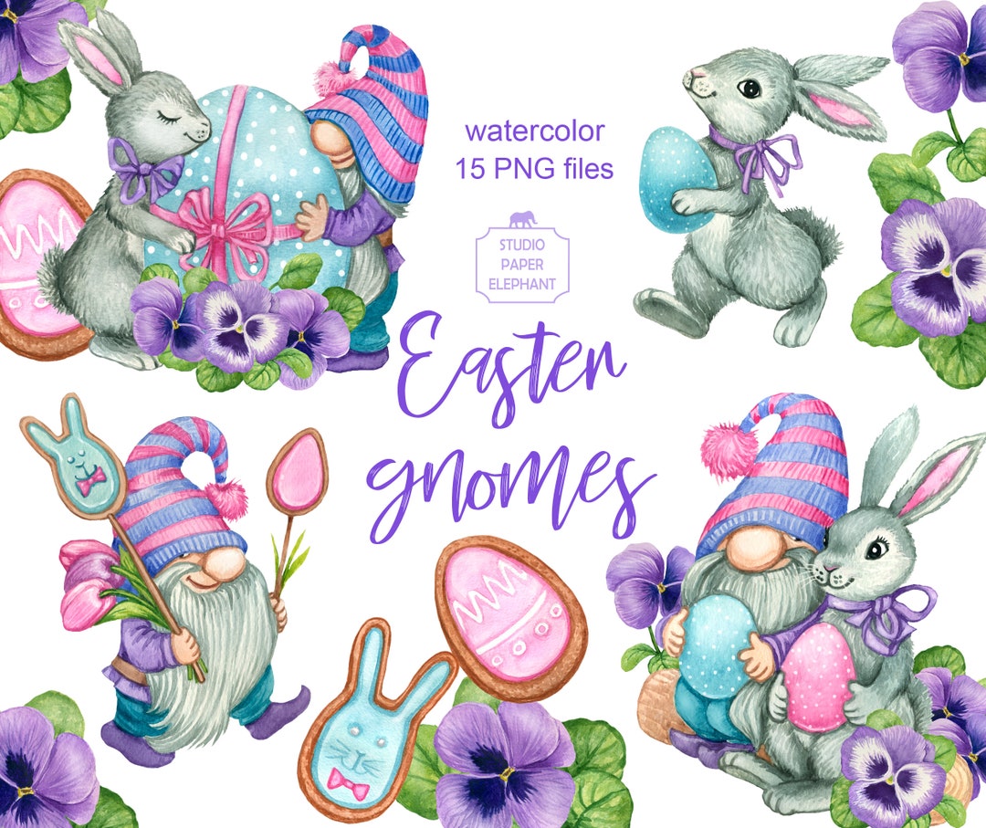 Watercolor Easter Gnomes, Easter Bunny, Easter Eggs, Spring Gnome ...