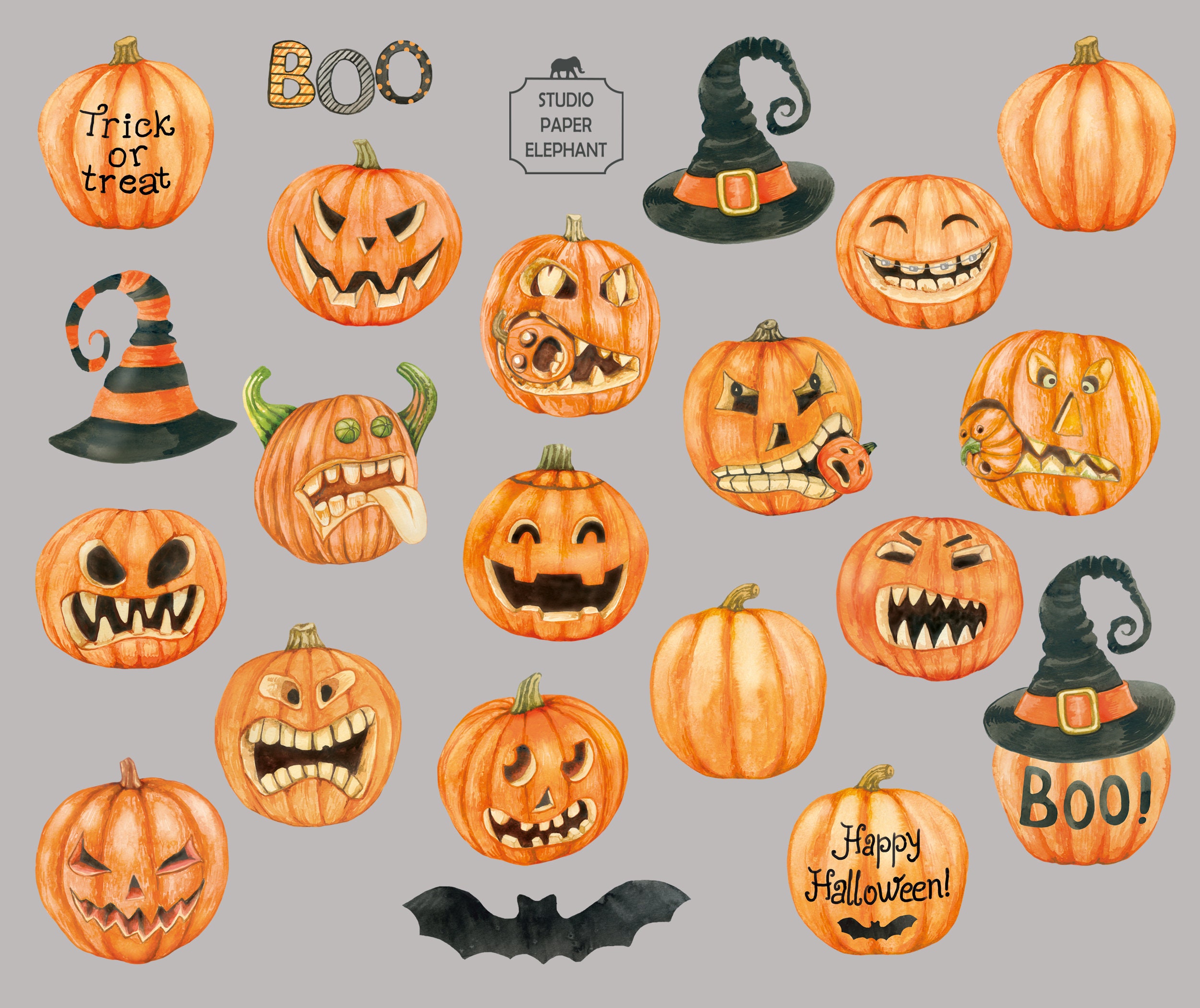 Watercolor Halloween Pumpkins Clipart Scary Halloween - Etsy