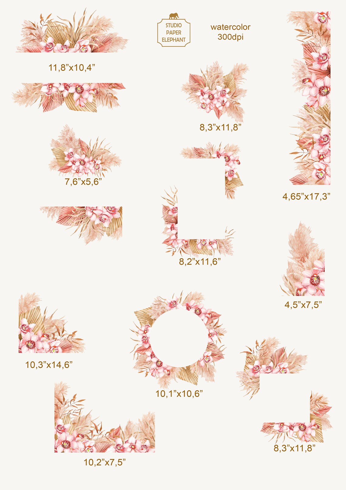 Watercolor Pampas Grass and Orchids Clipart Boho Frames Boho | Etsy